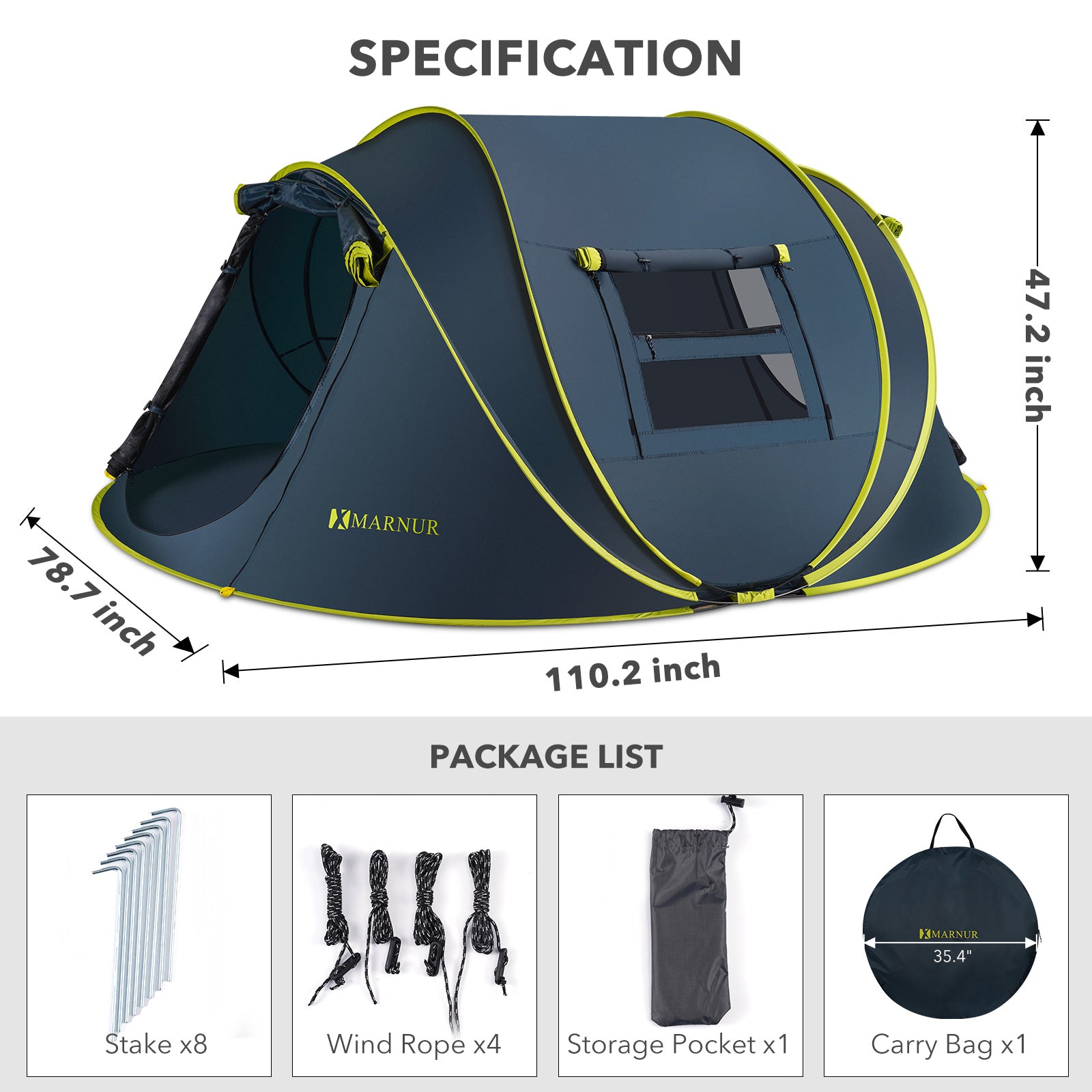 MARNUR Instant Tent 4-Person Camp Tent, Auto Setup Pop Up Tent, Waterp